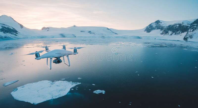 The Scene Features a Drone in Flight Over Cracked Ice, with Snowy ...