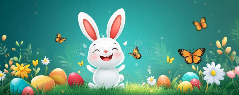 The Scene Features Five White Rabbits in a Spring Meadow on a ...