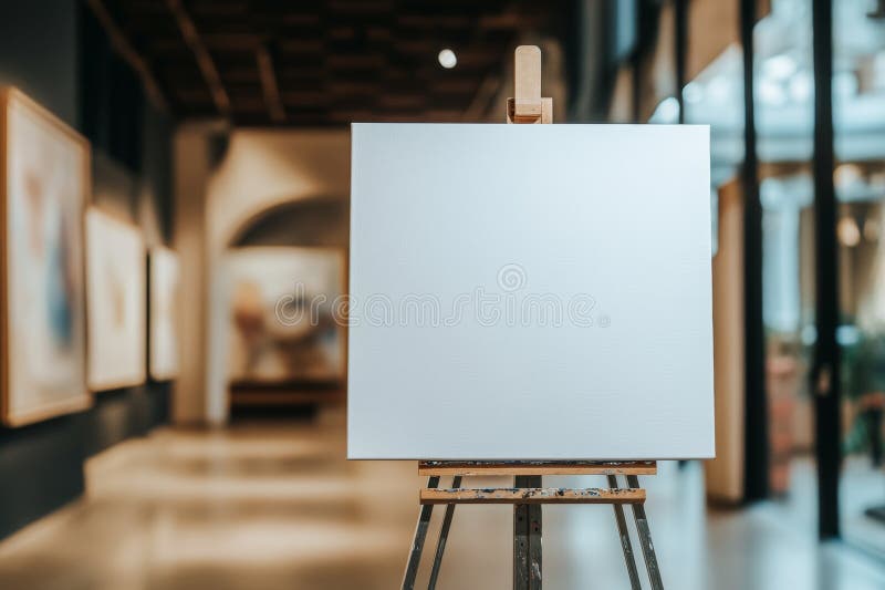 A Large Blank Canvas on a Metal Stand in a Modern Gallery with Soft ...