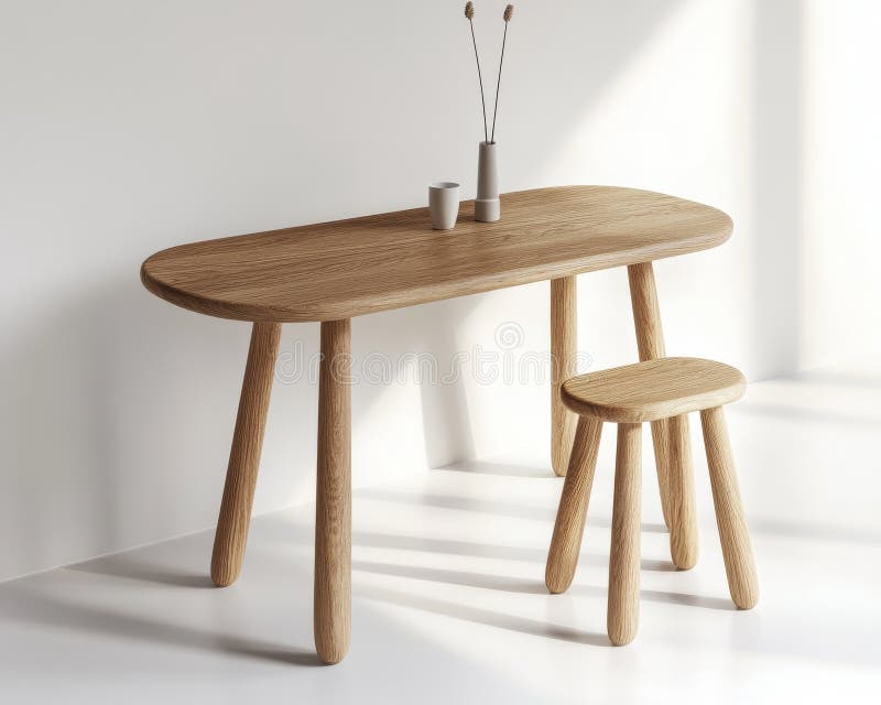 The Scene Features a Light Wood Desk and Stool Placed Against a Gray ...
