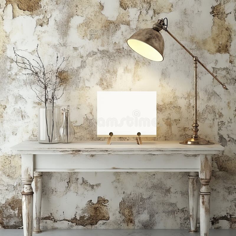 The Scene Features a Mock-up Poster, a Lamp, an Old Table, and ...