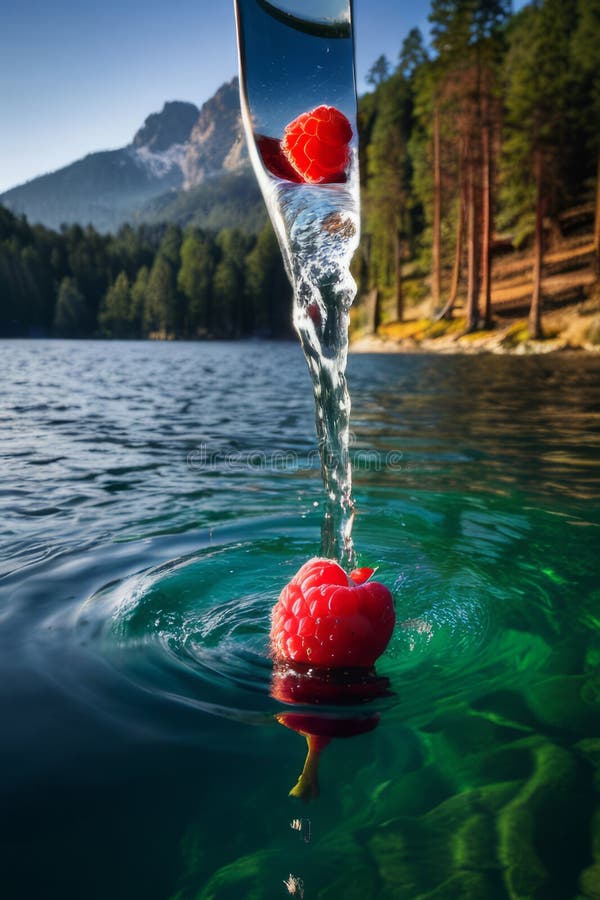 Splash Water Aggregate Raspberry Fruit in a Cascade of Pure Water ...