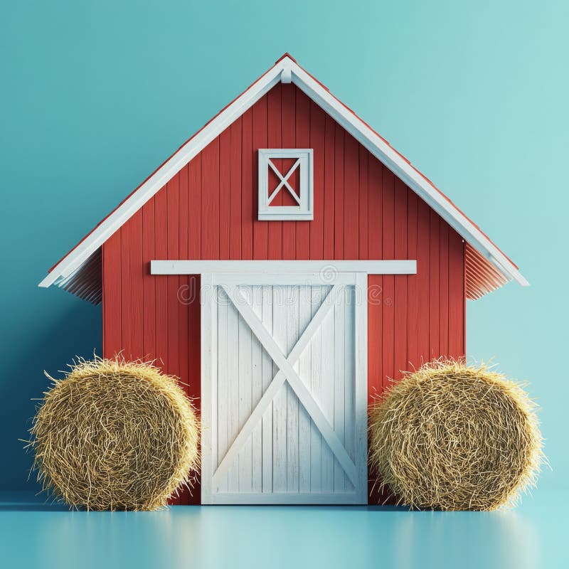 The Scene Features a Rustic Red Barn Accompanied by a Hay Bale Under a ...
