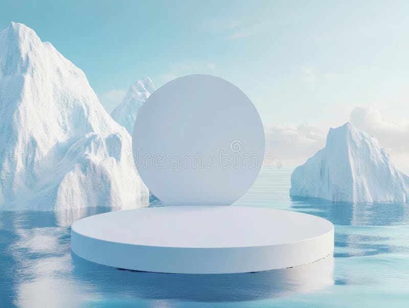 The Scene Features a White Platform, an Icy Lake, Mountains, and a ...