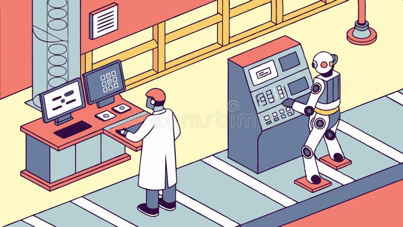 Robot and Computer Workstation, Depicting Technology Automation and Future Tech Vector Design ...