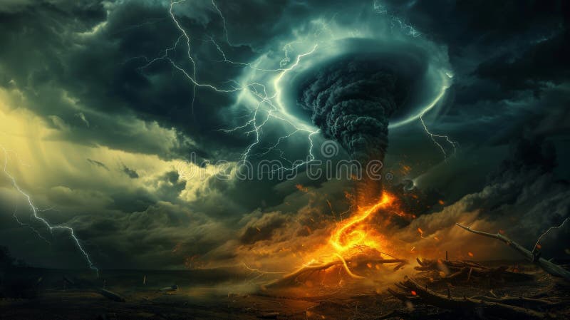 A Scene Featuring a Tornado and Volcanic Eruption, Accompanied by ...