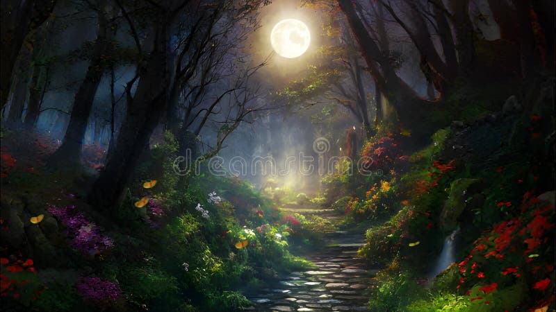 Scene of a Forest Pathway Illuminated by the Moonlight. Stock Footage ...