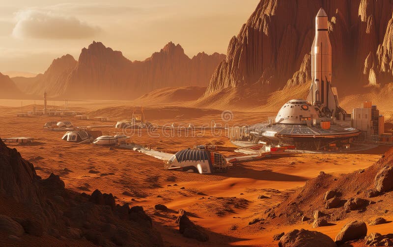 Scene of the Future Settlement of Astronauts on Mars. Alien Station ...