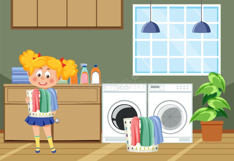 Scene with a Girl Doing Laundry Stock Vector - Illustration of ...