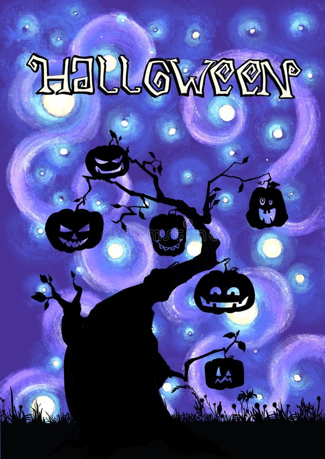 Scene with Halloween Tree, Illustration Stock Photo - Image of branch ...