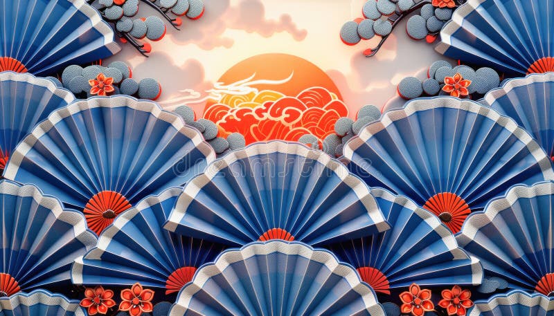 The Scene Has a Pattern of Blue and Red Fans with the Sunset, Creating ...