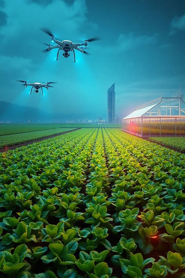 The Scene of a High-tech Farm Assisted by Robotic Machinery and Drones ...