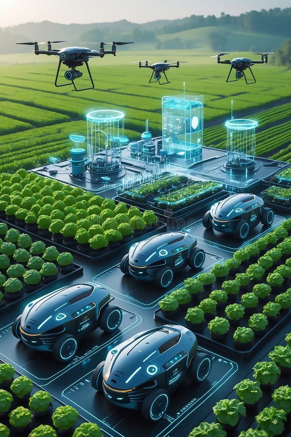The Scene of a High-tech Farm Assisted by Robotic Machinery and Drones ...