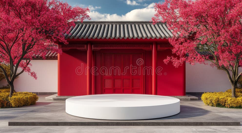 The Scene Includes a Red Chinese Gate, Cherry Blossoms, Clouds, and a ...