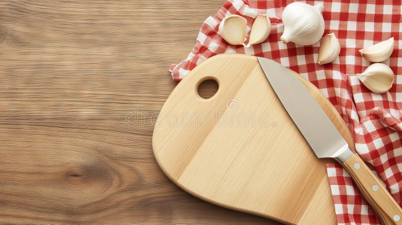 The Scene Includes a Wooden Cutting Board, a Knife, Garlic, and a ...