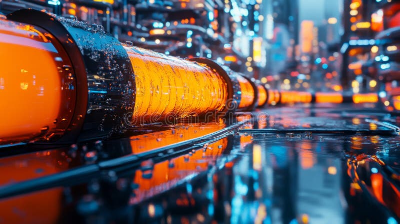 In this Scene, an Industrial Metallic Pipe is Shown with Liquid Flowing ...