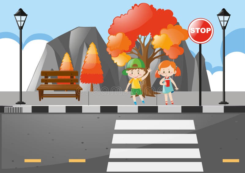 Scene with Kids Crossing Street Stock Vector - Illustration of cute ...