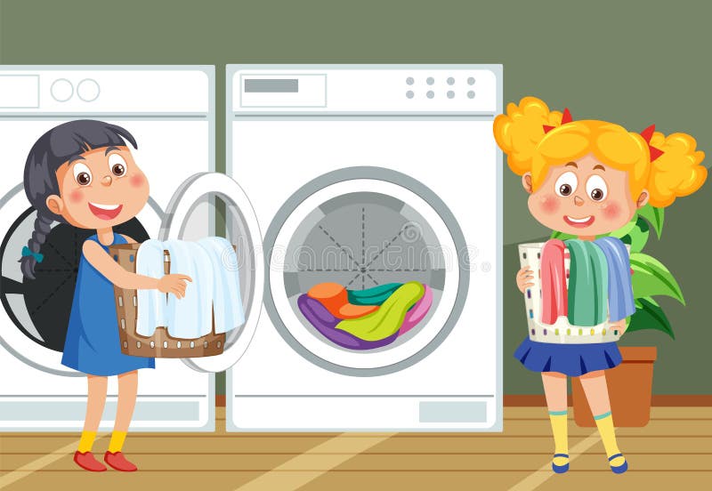 Scene with Kids Doing Laundry Stock Vector - Illustration of active ...