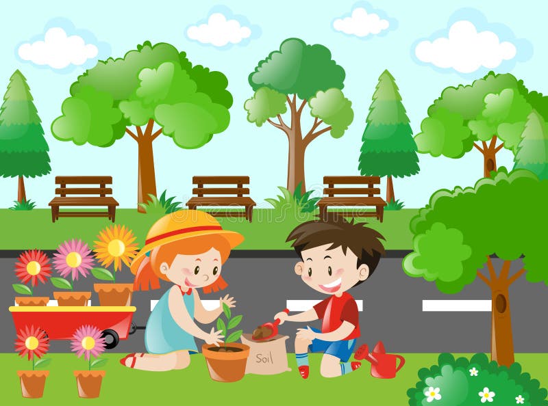 Scene with Kids Planting Tree Stock Illustration - Illustration of ...