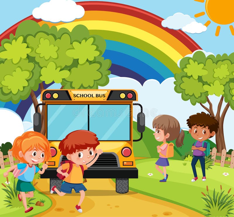 Scene with Kids Riding School Bus in the Park Stock Vector ...