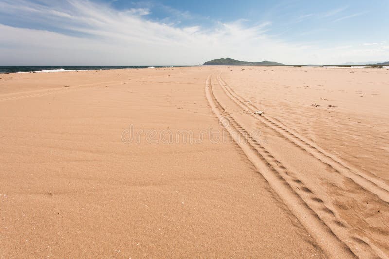 Scene of a Long Car Trace on the Beach on Sunny Day. Wide Angle Stock ...