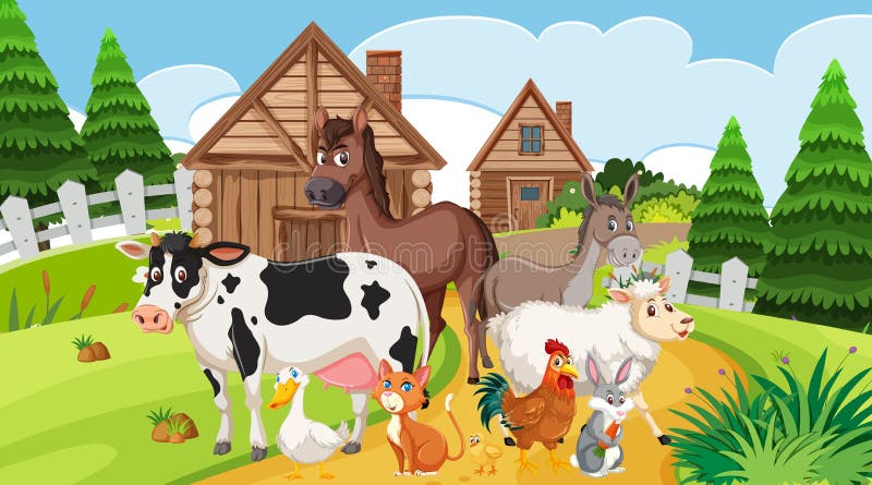 Scene with Many Farm Animals in the Farmyard Stock Image - Image of ...