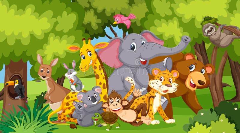 Scene with Many Wild Animals in the Park Stock Illustration ...