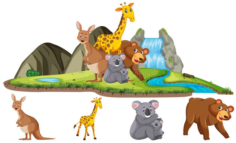 Animals in waterfall scene stock vector. Illustration of river - 126755696