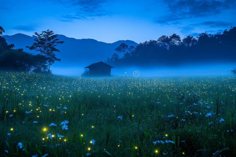 Scene of a Misty Field Illuminated by Fireflies. Stock Photo - Image of ...