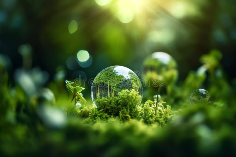 Scene of Moss and Trees with Sunlight through Ball of Water Drop ...