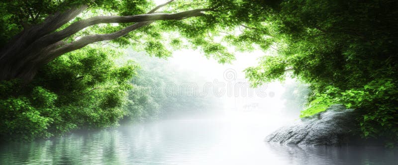 Scene of a Mystical Forest Shrouded in Fog, Featuring an Ancient Temple ...