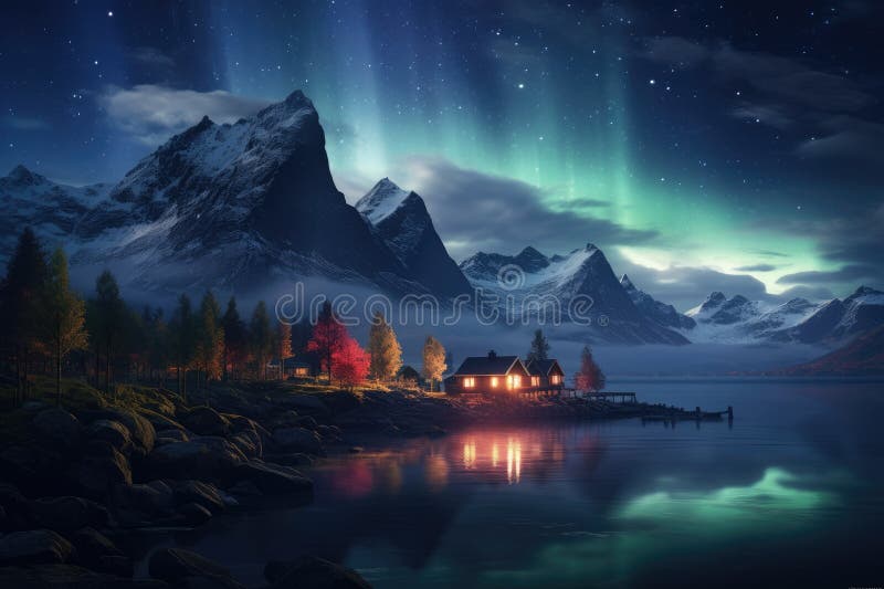 A Scene of the Northern Lights Over a Scandinavian Landscape, AI ...