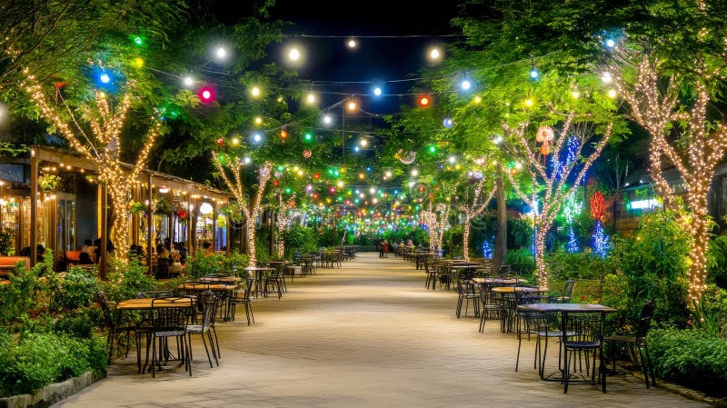 Scene of Outdoor Restaurant Tables Under String Lights in a Brick ...