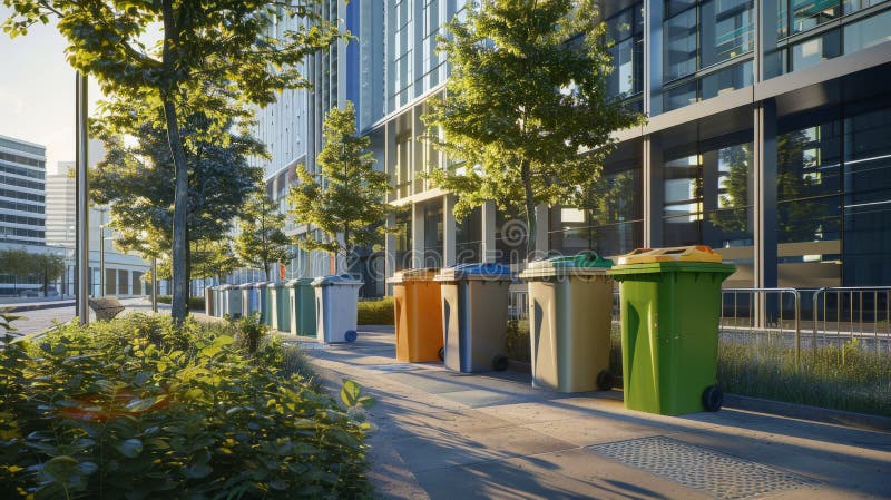 Urban Recycling Effort with Color-Coded Bins on a City Sidewalk ...