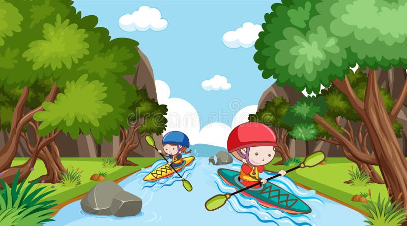 Scene with People Canoeing in the River Stock Vector - Illustration of ...