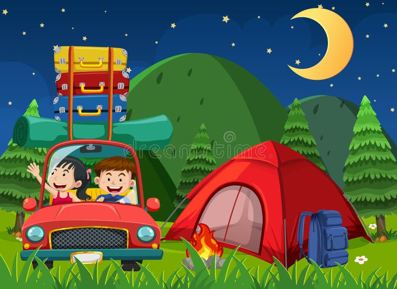 Scene with People Driving and Camping at Night in the Park Stock Vector ...