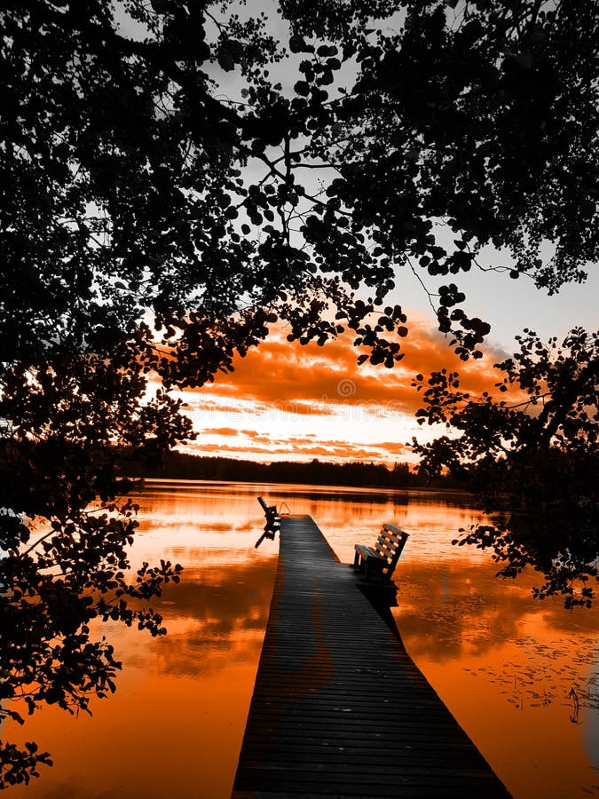 Orange Scene at the Morning Lakeside Stock Photo - Image of shine ...