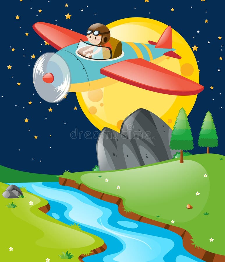 Scene with Pilot Flying Plane at Night Stock Vector - Illustration of ...