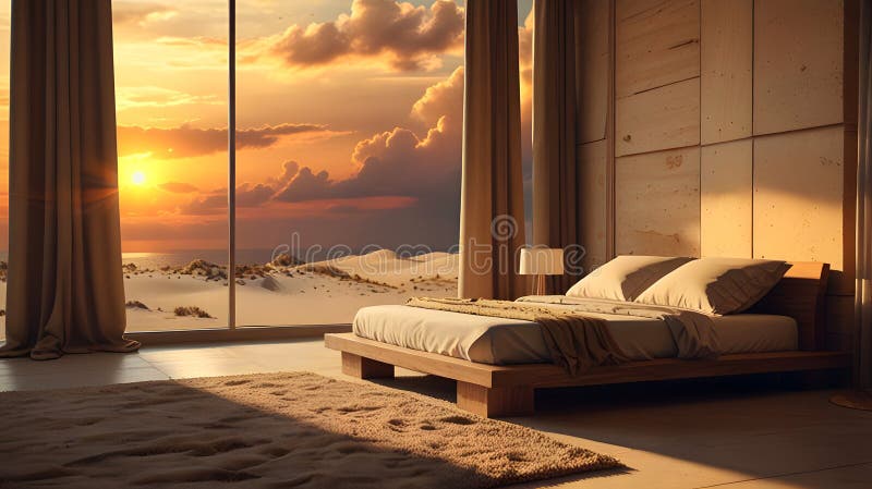 Scene of Place for Rest with Bed. Interior of Bedroom with Sunset Beach ...