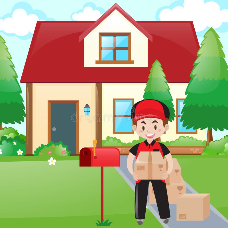 Scene with Postman Delivering Parcels Stock Illustration - Illustration ...