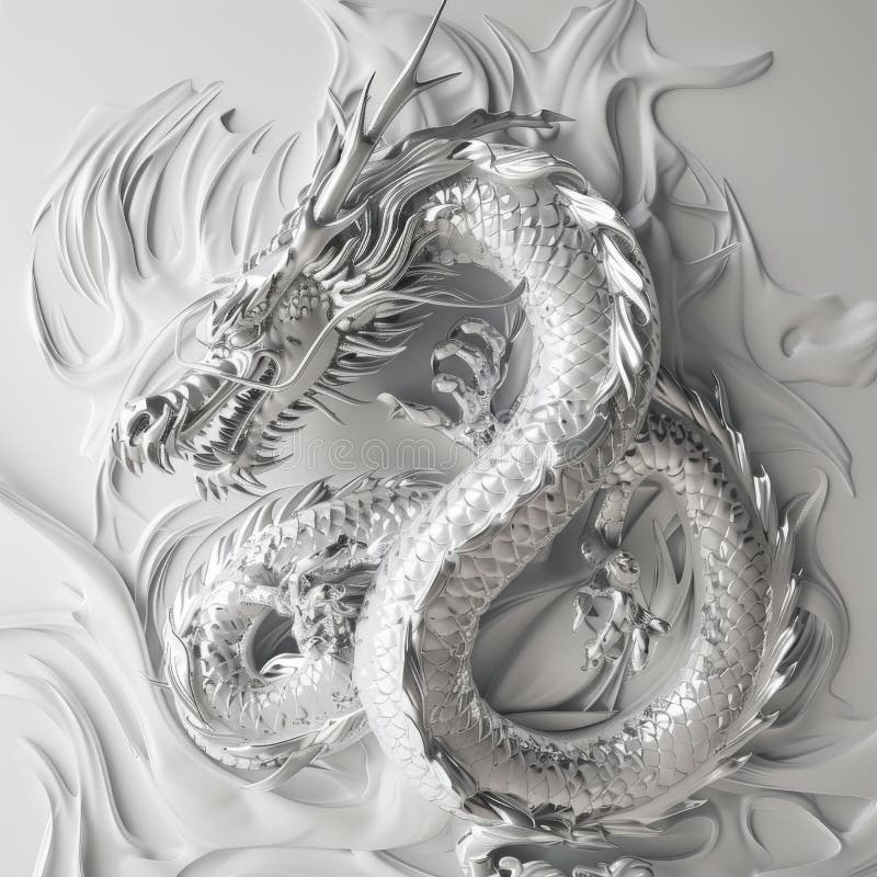 Monochrome 3D Render of a Mythical Dragon in a Serpentine Pose ...