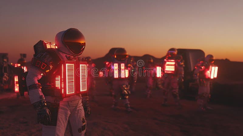A Scene of Retro Astronauts on Mars with Vintage Tech and Glowing Tools ...