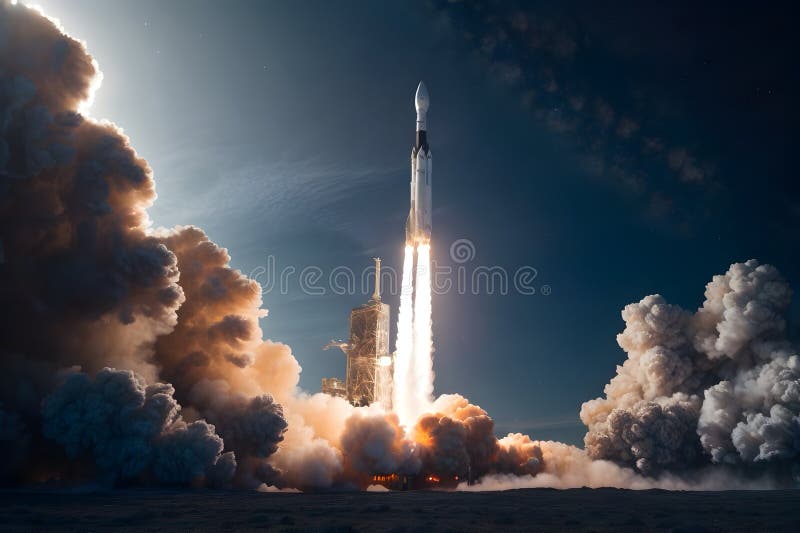 A Scene of a Rocket Launching at Night Stock Photo - Image of blue ...