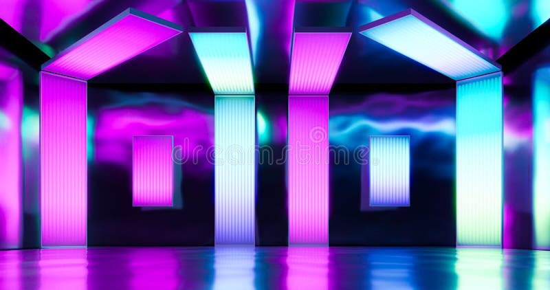 Scene, Room Lit by Colorful Neon Lights - 3d Rendering Stock ...