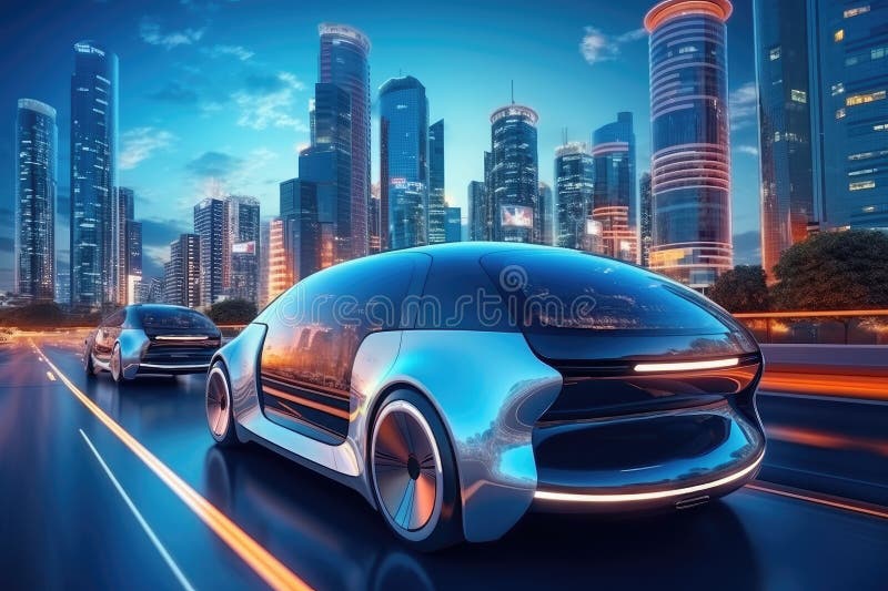 A Scene with a Self-driving Car on the Road in the City of the Future ...