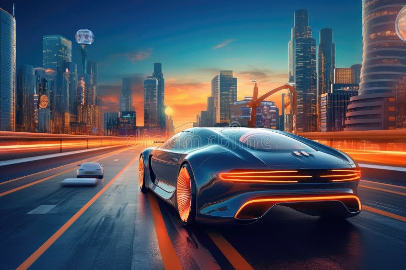 A Scene with a Self-driving Car on the Road in the City of the Future ...