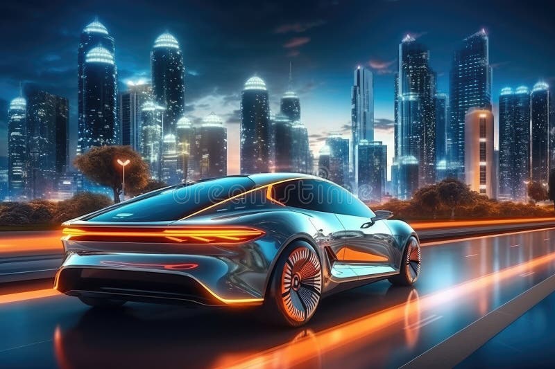 A Scene with a Self-driving Car on the Road in the City of the Future ...