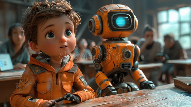 A Scene Set in a Futuristic Classroom Where a Boy Presents His AI Robot ... A Scene Set in a Futuristic Classroom Where a Boy Presents His AI Robot ...