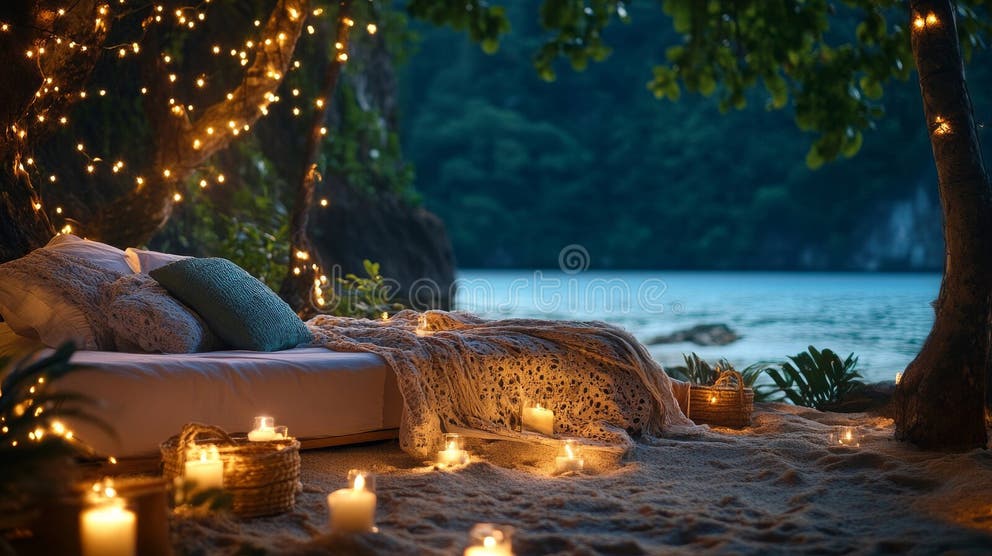 The Scene is Set with a Romantic Beach Bed, Twilight, Ocean View, and String Lights for a ...