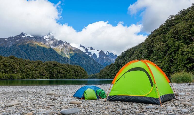 Scene of Setting Up a Tent in a Stunning Mountain Landscape. Stock ...